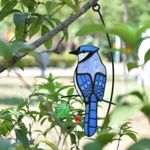 Lolitarcrafts Blue Jay Modern Stained Glass Window Hangings Blue Birds Suncathers for Window