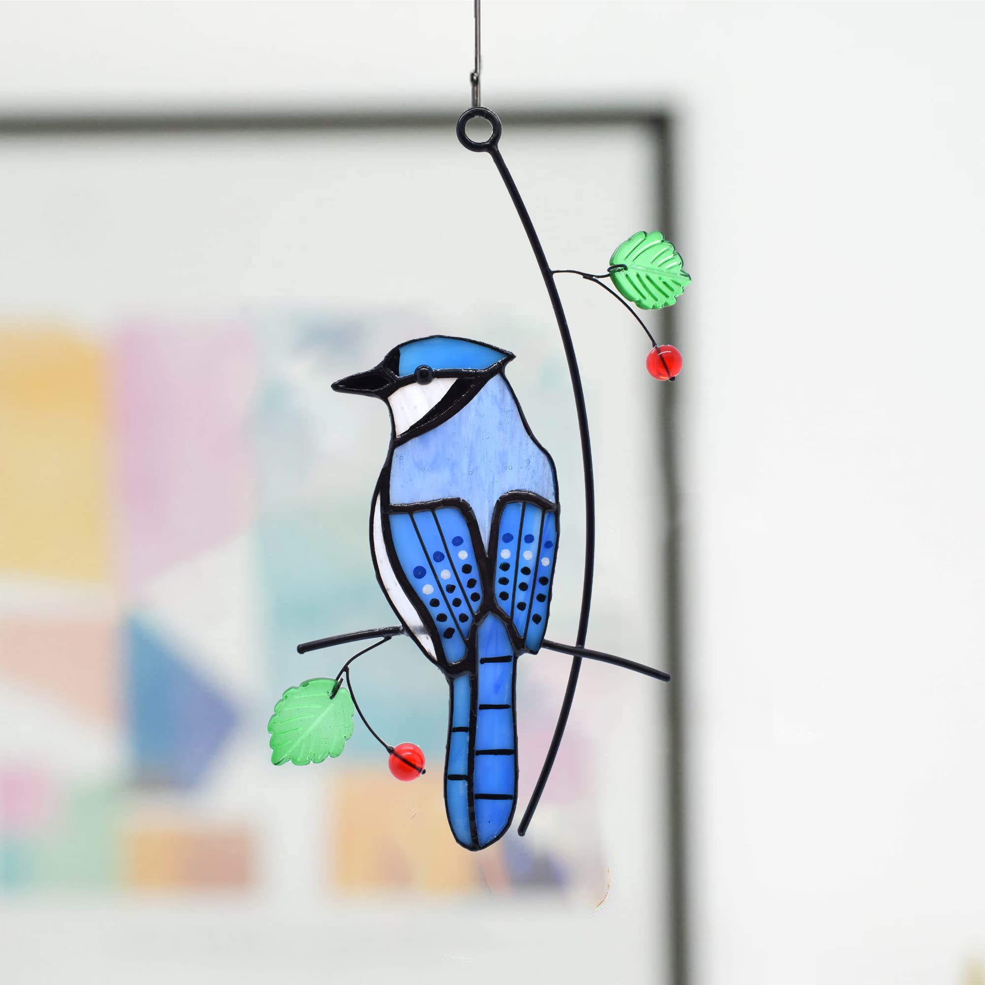 Lolitarcrafts Blue Jay Modern Stained Glass Window Hangings Blue Birds Suncathers for Window