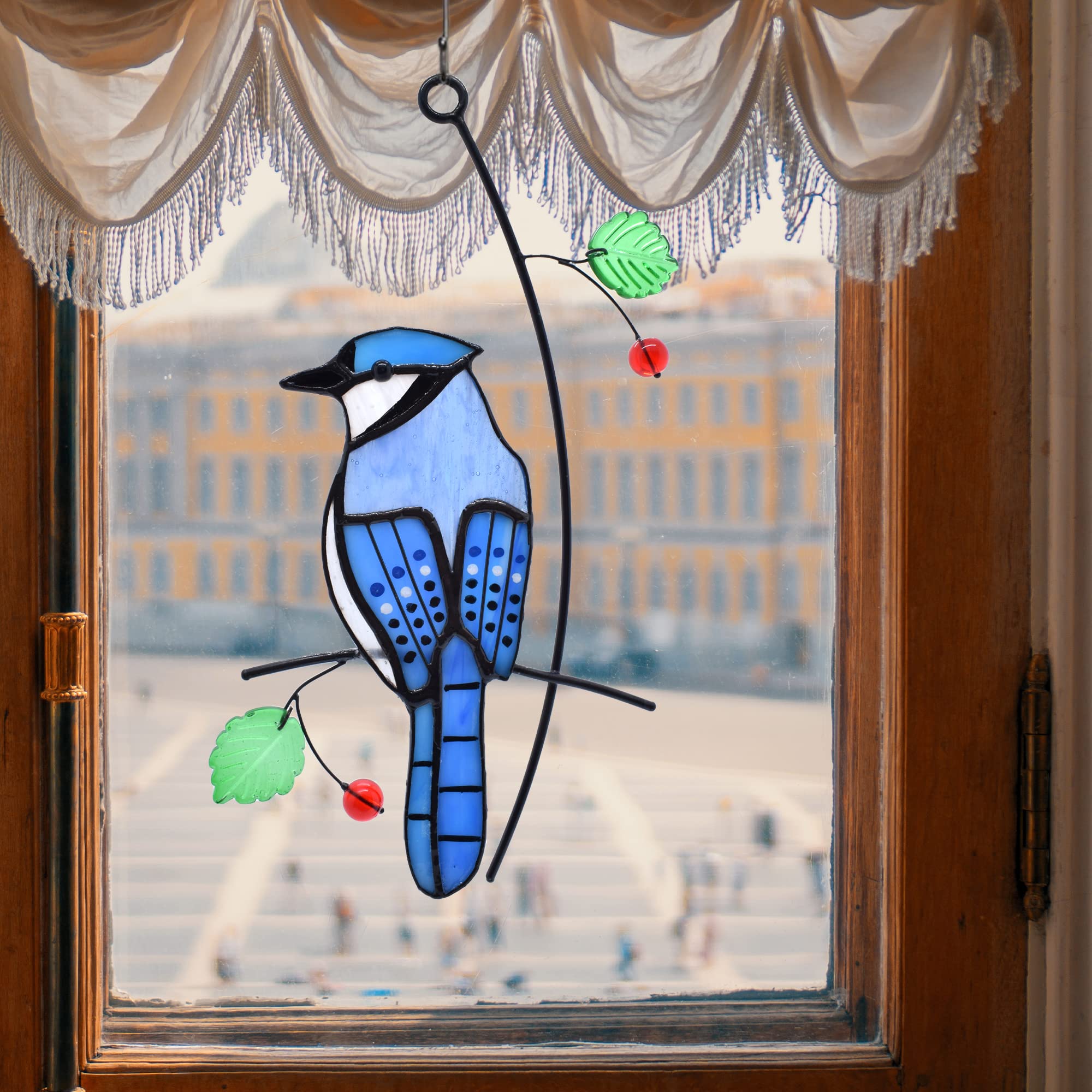 Lolitarcrafts Blue Jay Modern Stained Glass Window Hangings Blue Birds Suncathers for Window