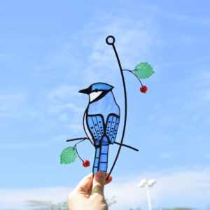 Lolitarcrafts Blue Jay Modern Stained Glass Window Hangings Blue Birds Suncathers for Window