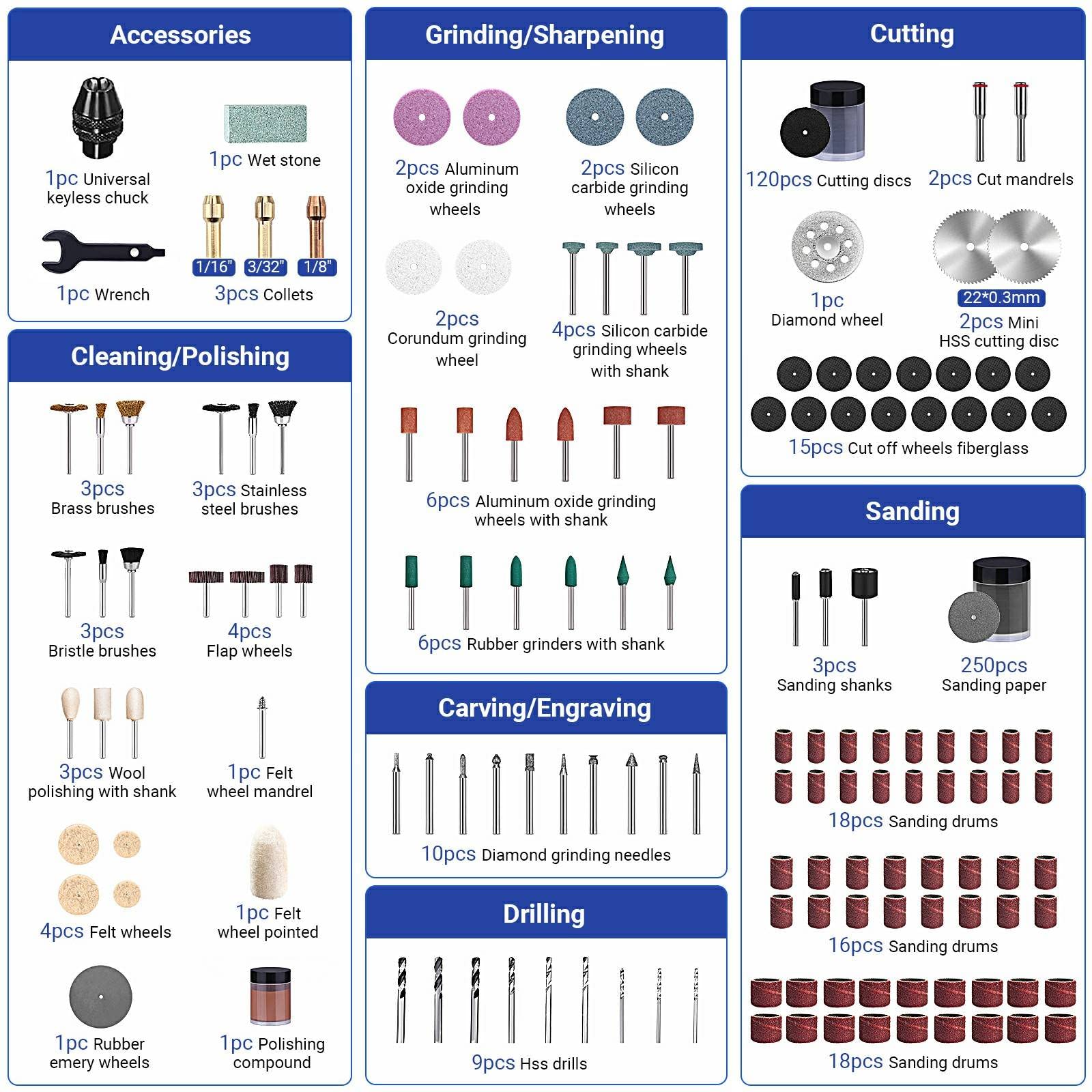 APEXFORGE M0 & M0 Plus Rotary Tool Accessories Kit, 357Pcs + 519Pcs Accessories, Keyless Chuck, 1/8" Diameter Shanks, Universal Fitment for Easy Cutting, Sanding, Grinding, Carving, Drilling, Engravin