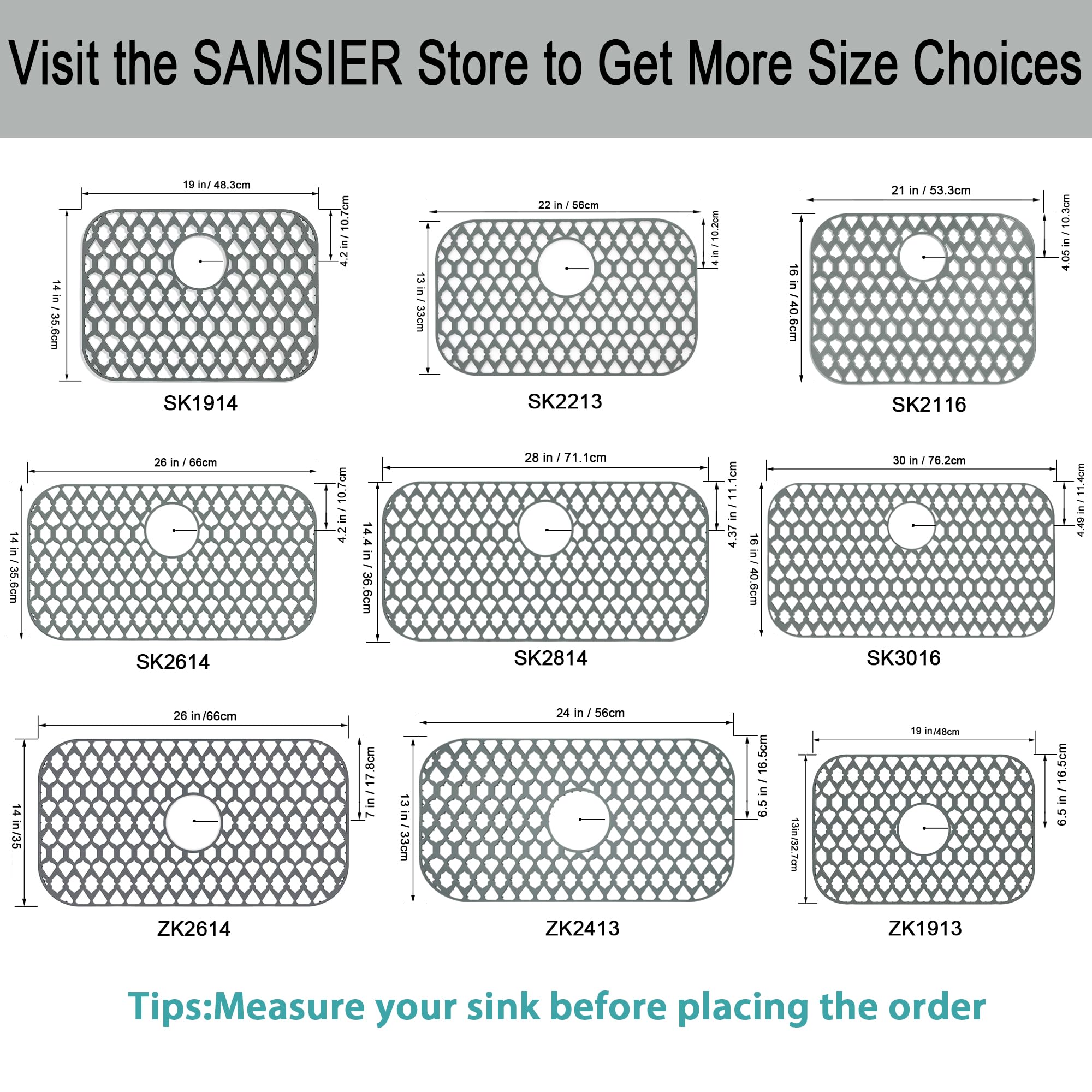 SAMSIER Sink Protectors for Kitchen Sink 13x11&16x12&19x14&22x13&24x13&26x14&28x14&30x16, Large Silicone Sink Mats Grid for Bottom of Farmhouse Stainless Steel Porcelain Sink (19”x13”, Center Drain)