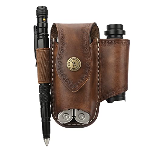 TOURBON Men Leather EDC Organizer Sheath Handmade Tactical Multitool Pouch Holster Brown with Belt Clip