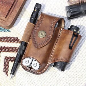 TOURBON Men Leather EDC Organizer Sheath Handmade Tactical Multitool Pouch Holster Brown with Belt Clip