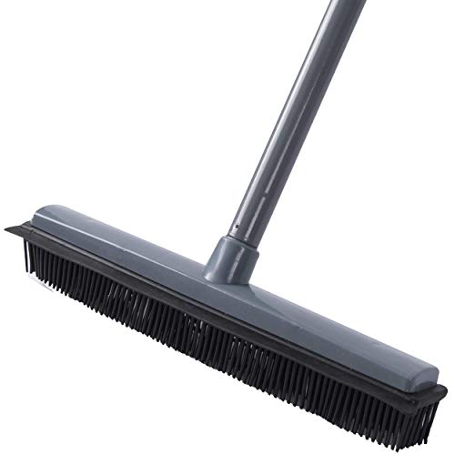 LCF Pet Hair Removal Broom Carpet Rake Telescoping Broom Outdoor Carpet Brush for Pet Dog Hair Removal Handle Rubber Broom with Squeegee 48.83'' Bristles Rug Rake Sweeper Heavy Duty,Grey