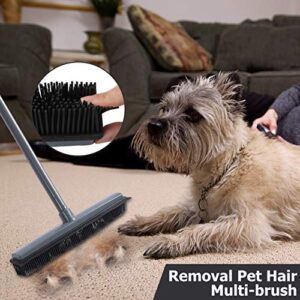 LCF Pet Hair Removal Broom Carpet Rake Telescoping Broom Outdoor Carpet Brush for Pet Dog Hair Removal Handle Rubber Broom with Squeegee 48.83'' Bristles Rug Rake Sweeper Heavy Duty,Grey