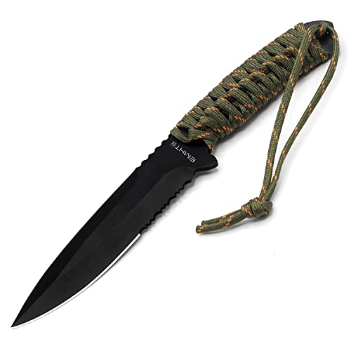 EMHTiii Camping Fixed-Blade Survival Knife - 9in Full Tang Outdoor Knives, 5in Blade with Serrated Edge and Rope Handle, Black