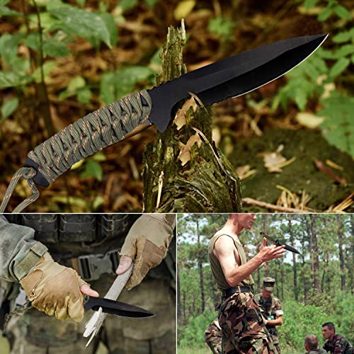 EMHTiii Camping Fixed-Blade Survival Knife - 9in Full Tang Outdoor Knives, 5in Blade with Serrated Edge and Rope Handle, Black