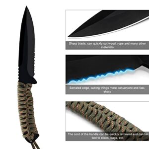 EMHTiii Camping Fixed-Blade Survival Knife - 9in Full Tang Outdoor Knives, 5in Blade with Serrated Edge and Rope Handle, Black