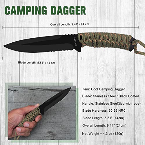 EMHTiii Camping Fixed-Blade Survival Knife - 9in Full Tang Outdoor Knives, 5in Blade with Serrated Edge and Rope Handle, Black