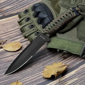 EMHTiii Camping Fixed-Blade Survival Knife - 9in Full Tang Outdoor Knives, 5in Blade with Serrated Edge and Rope Handle, Black