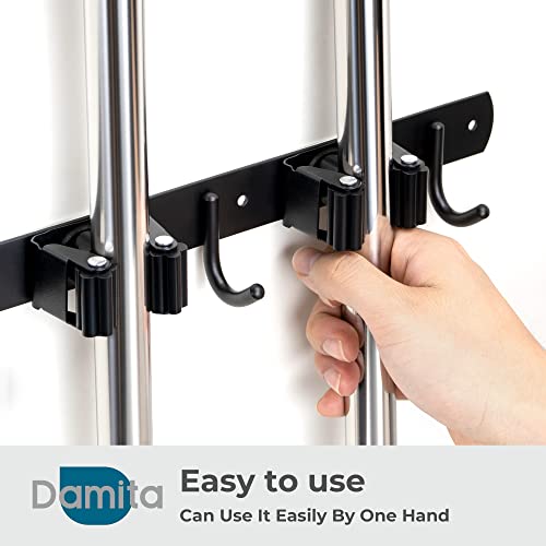 Damita Mop Broom Holder Wall Mount, 3 Racks 4 Hooks Mop Hanger Wall Mount for Kitchen Garage Garden Tool Organization - 304 Stainless Steel Non-slip Broom Organizer Wall Mount (1 Pack, Black)