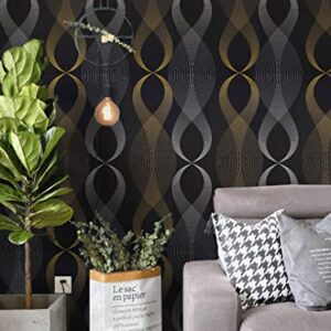 393"x17.7"Peel and Stick Wallpaper Black Fashion Curves Removable Paper Self Adhesive Wallpaper Decorative for Walls Cabinets Vinyl Film