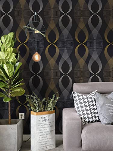 393"x17.7"Peel and Stick Wallpaper Black Fashion Curves Removable Paper Self Adhesive Wallpaper Decorative for Walls Cabinets Vinyl Film