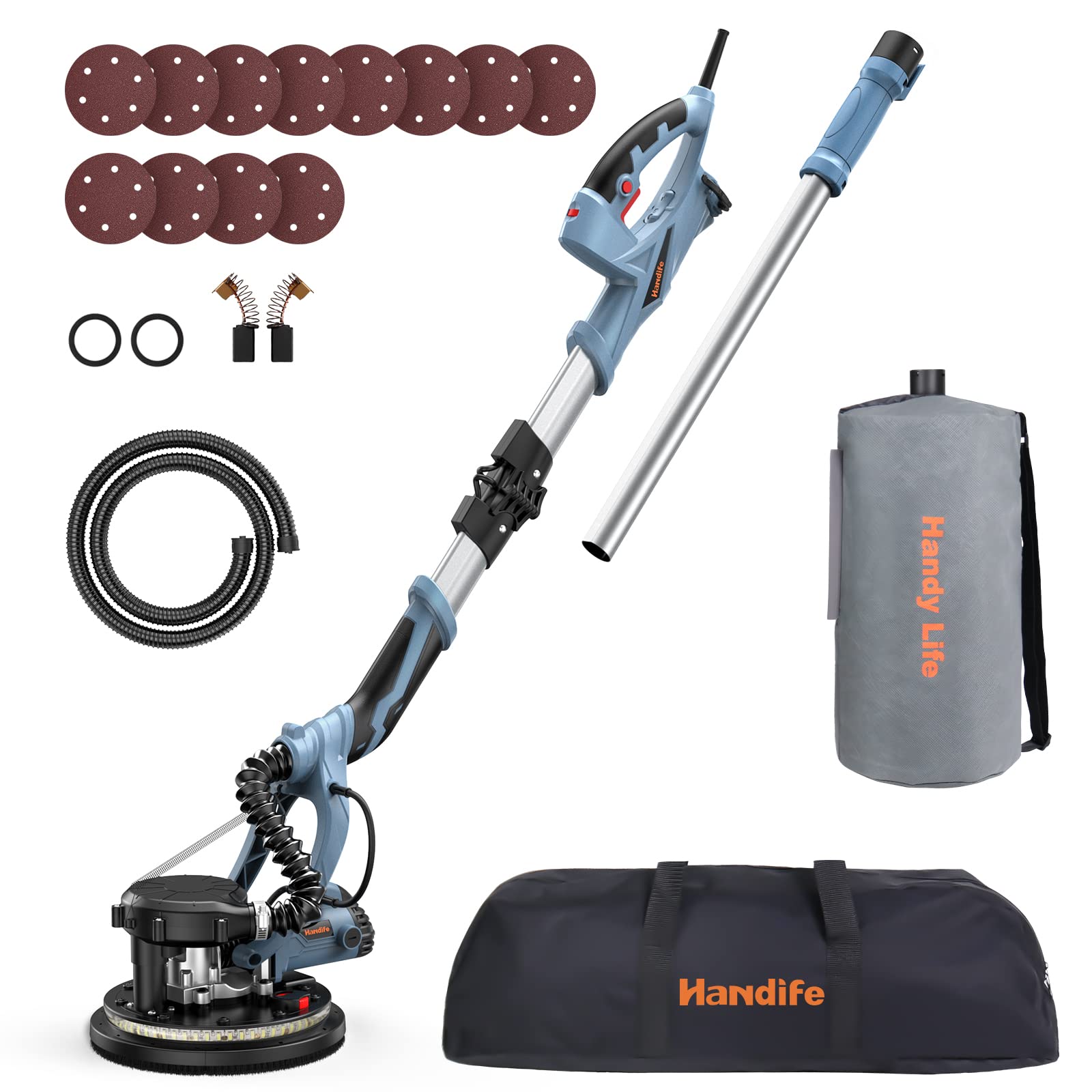 Handife Drywall Sander 800W 7A Drywall Sander with Vacuum Auto Dust Collection, Variable Speed 800-1800RPM Drywall Power Sander with Double-Deck LED Lights, Extendable Handle, Carrying Bag