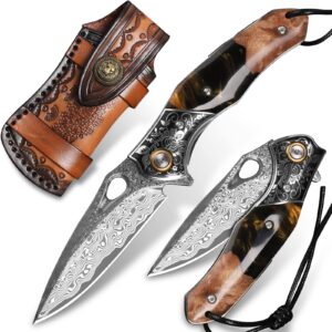 minowe handmade japan damascus steel pocket knife，3.1" vg10 blade men and women folding knife，with holster，lining lock，resin and maple handle，suitable for edc outdoor camping，go fishing hunting