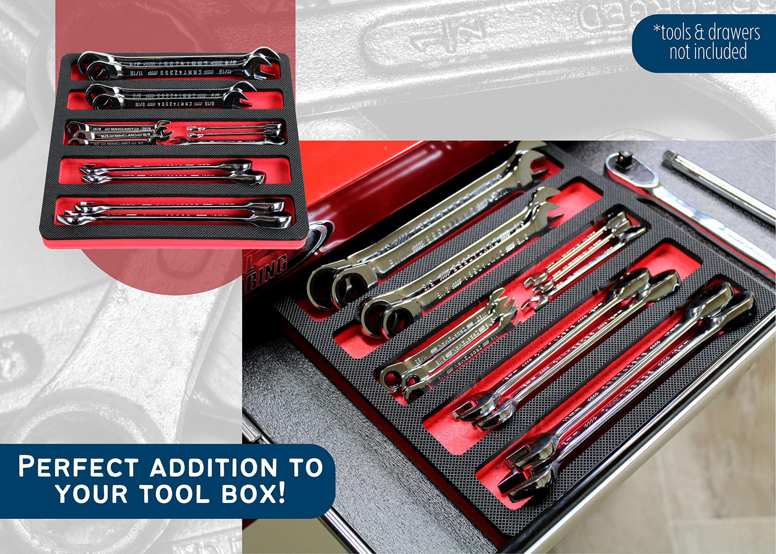 Polar Whale Tool Drawer Organizer Wrench Holder Insert Red and Black Durable Foam Tray 5 Pockets Holds Wrenches Up to 10 Inches Long Fits Craftsman Husky Kobalt Milwaukee Many Others