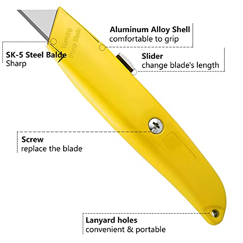 DIYSELF 2 Pack Box Cutter Retractable with 10 Pack Utility Knife Blades, Sharp SK5 Steel Utility Blades, Box Cutters for Cardboard, Paper, Carton(Yellow)