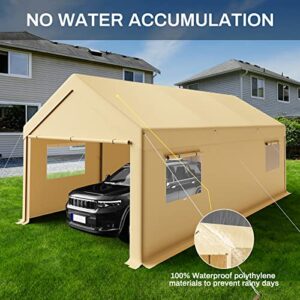 Cityflee Carport, 10'x 20' Heavy Duty Carport Canopy with Roll-up Ventilated Windows, Portable Garage with Removable Sidewalls & Doors for Car Truck Boat, Waterproof Car Shelter, Khaki