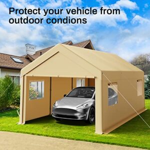 Cityflee Carport, 10'x 20' Heavy Duty Carport Canopy with Roll-up Ventilated Windows, Portable Garage with Removable Sidewalls & Doors for Car Truck Boat, Waterproof Car Shelter, Khaki