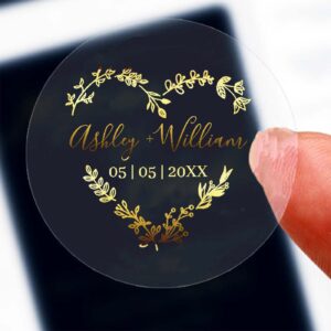 personalized golden transparent vinyl stickerwildflowers heart design wedding shape personalized stickers labelsfor baptism favors party gold wedding décor