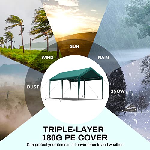 Cityflee Carport,10'x 20' Upgraded Heavy Duty Carport with Wind Rope, Portable Garage for Car, Truck, Boat, Car Canopy with All-Season Tarp, Green