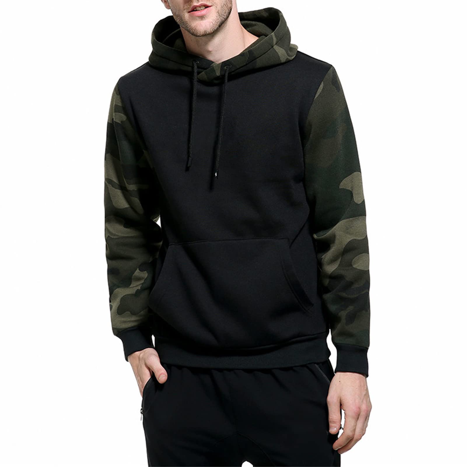 Maiyifu-GJ Camo Hoodies for Men Long Sleeve Contrast Color Military Pullover Hoodie Hipster Hooded Sweatshirt with Kanga Pocket (Black,Medium)