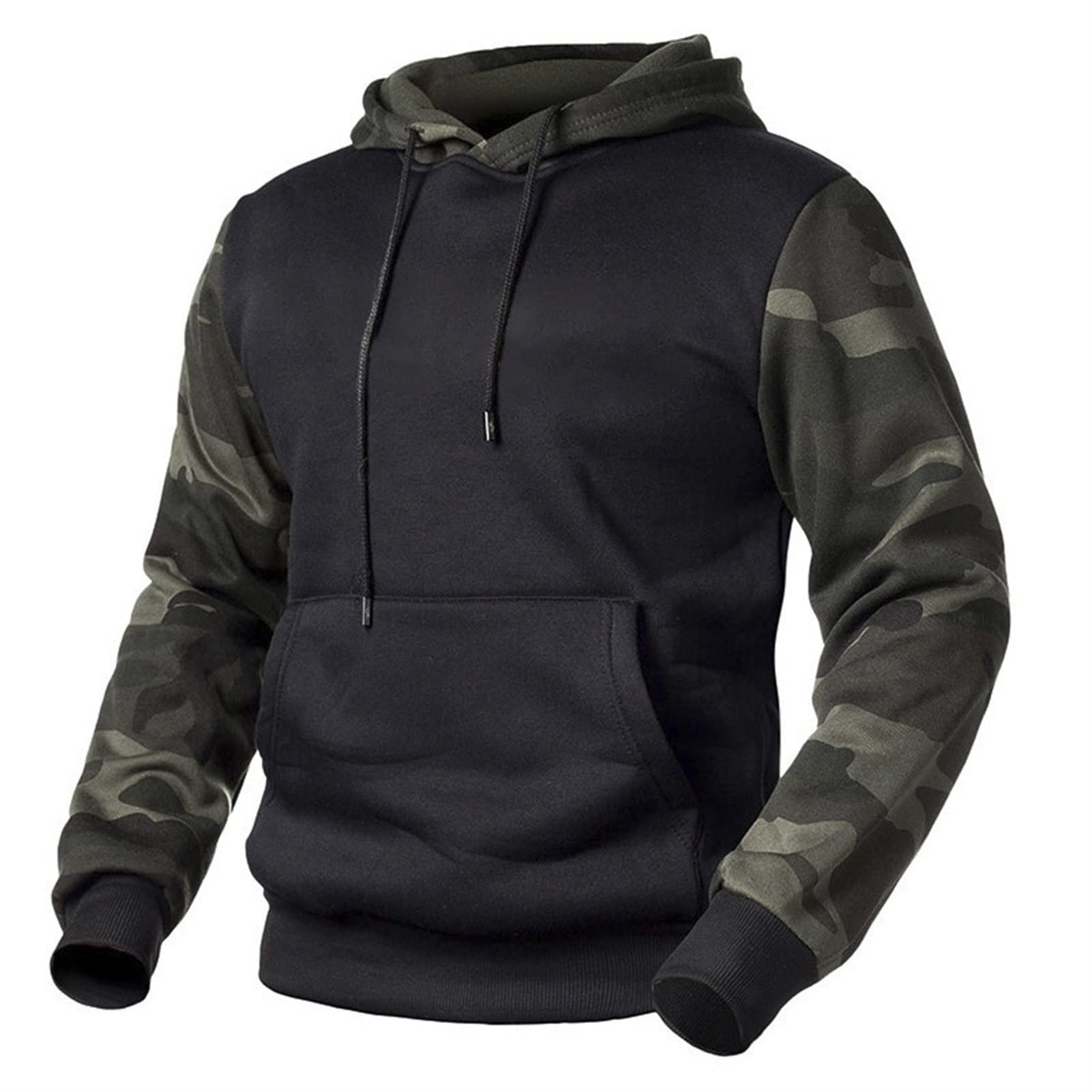 Maiyifu-GJ Camo Hoodies for Men Long Sleeve Contrast Color Military Pullover Hoodie Hipster Hooded Sweatshirt with Kanga Pocket (Black,Medium)