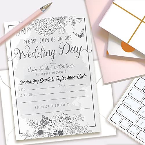 Wedding Invitation Kit with Envelopes - Wedding Drawing Florals Themed Invitations & Envelopes Minimalist Blank Wedding Invitations, Invitation Wedding Kit Set of 25 Beautiful Invitations