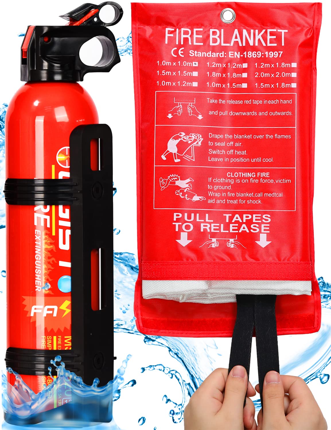 Ougist Fire Extinguisher & Fire Blanket Set - 620ml Extinguisher & 40"x40" Fiberglass Suppression Blanket for Home, Car, Kitchen, Marine & Small Fires