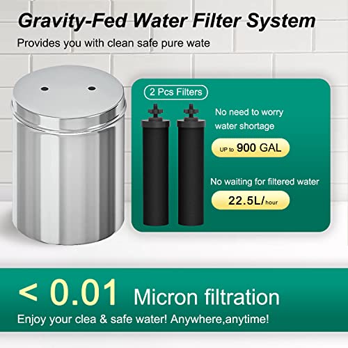 Gravity-Fed Water Filter System, 2.25 Gallon Stainless-Steel Filter Filtration Bucket with 2 Filters, 1 Brass Tap, 1 Water-Level Measuring Post for Home Camping Travel Outdoor Activities Emergencies