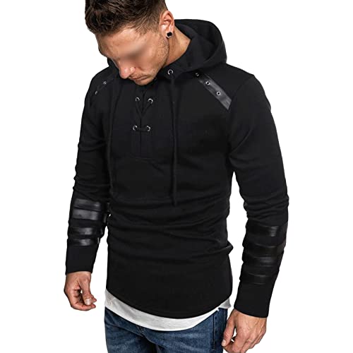 Maiyifu-GJ Men's Casual Drawstring V Neck Hoodies Novelty Patchwork Pullover Hoodie Lightweight Athletic Hooded Sweatshirts (Black,Large)