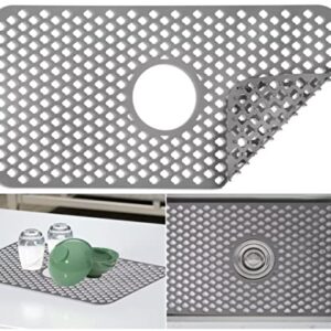 Silicone Sink Protectors for Kitchen - UFU Grey Silicone Sink Mat Grid Accessory with Center Drain, Kitchen Sink Protector（24.8"x 12.9"）