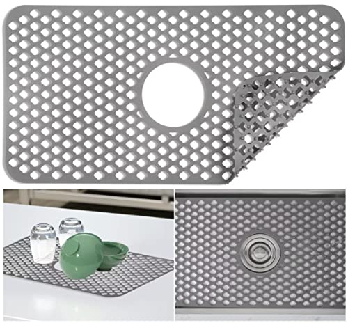 Silicone Sink Protectors for Kitchen - UFU Grey Silicone Sink Mat Grid Accessory with Center Drain, Kitchen Sink Protector（24.8"x 12.9"）