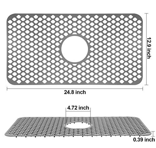 Silicone Sink Protectors for Kitchen - UFU Grey Silicone Sink Mat Grid Accessory with Center Drain, Kitchen Sink Protector（24.8"x 12.9"）