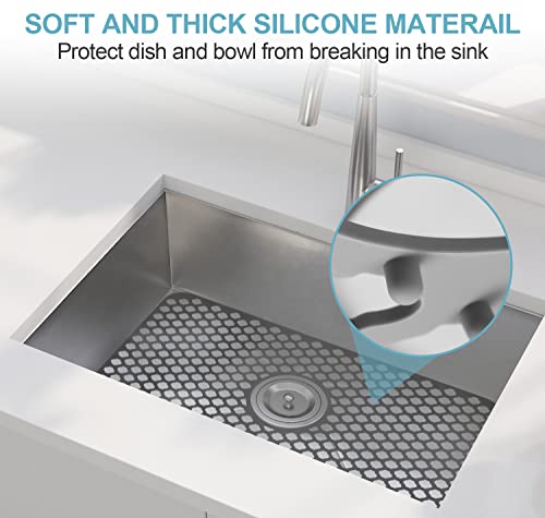 Silicone Sink Protectors for Kitchen - UFU Grey Silicone Sink Mat Grid Accessory with Center Drain, Kitchen Sink Protector（24.8"x 12.9"）