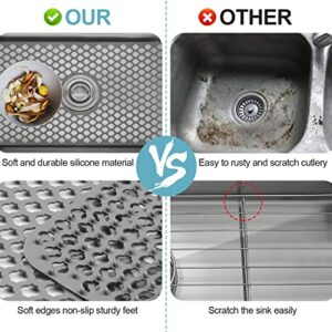 Silicone Sink Protectors for Kitchen - UFU Grey Silicone Sink Mat Grid Accessory with Center Drain, Kitchen Sink Protector（24.8"x 12.9"）