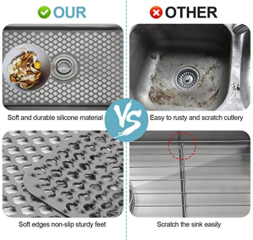 Silicone Sink Protectors for Kitchen - UFU Grey Silicone Sink Mat Grid Accessory with Center Drain, Kitchen Sink Protector（24.8"x 12.9"）