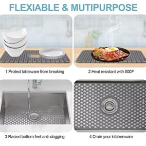 Silicone Sink Protectors for Kitchen - UFU Grey Silicone Sink Mat Grid Accessory with Center Drain, Kitchen Sink Protector（24.8"x 12.9"）