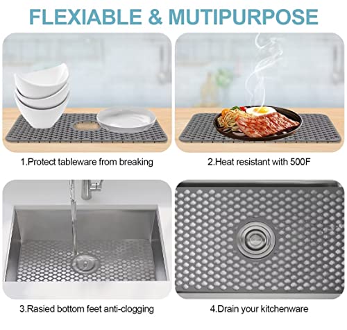 Silicone Sink Protectors for Kitchen - UFU Grey Silicone Sink Mat Grid Accessory with Center Drain, Kitchen Sink Protector（24.8"x 12.9"）