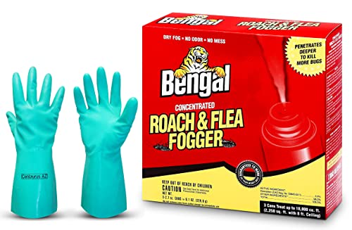 Bengal Concentrated Roach &Flea Fogger - Roach Killer Indoor Infestation Spray - Flea Foggers for Home Indoor - Bug Spray - Pest Control -Available with Premium Quality Centaurus AZ Gloves- 3-2.7oz