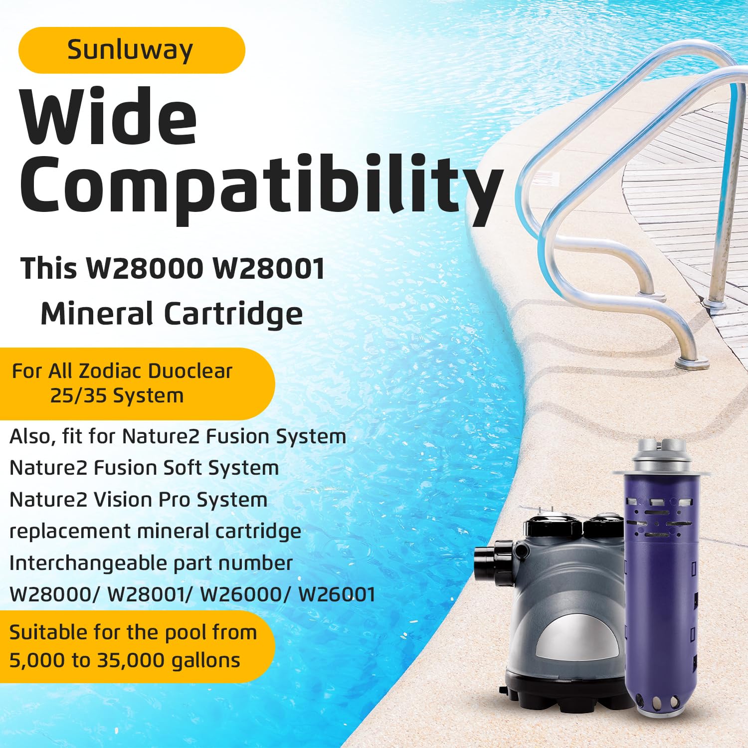 Replacement for Nature2 Duoclear 25 35 Mineral Cartridge W28000 W26000 for All Zodiac Duoclear Fusion, Fusion Vision, Vision Pro Above Ground Inground Pool Sanitizers, for up to 35,000 Gallons Pool