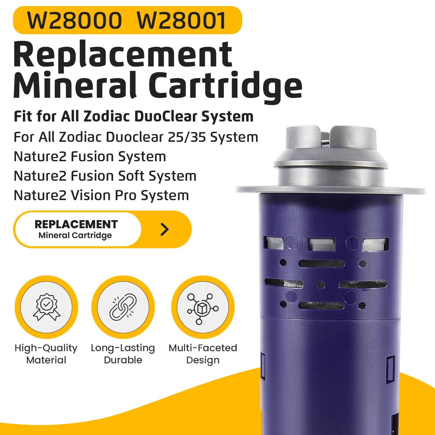 Replacement for Nature2 Duoclear 25 35 Mineral Cartridge W28000 W26000 for All Zodiac Duoclear Fusion, Fusion Vision, Vision Pro Above Ground Inground Pool Sanitizers, for up to 35,000 Gallons Pool