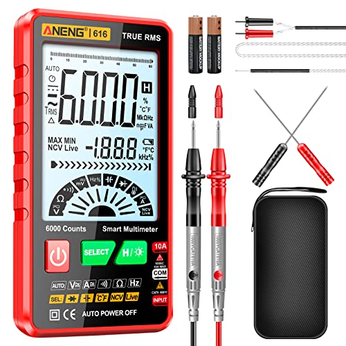 ANENG Digital Multimeter Smart Electrical Tester Auto-Ranging TRMS 6000Counts LCD Screen Voltmeter Measures NCV AC/DC Voltage Current Resistance Continuity Duty-Cycle Capacitance Temperature Frequency