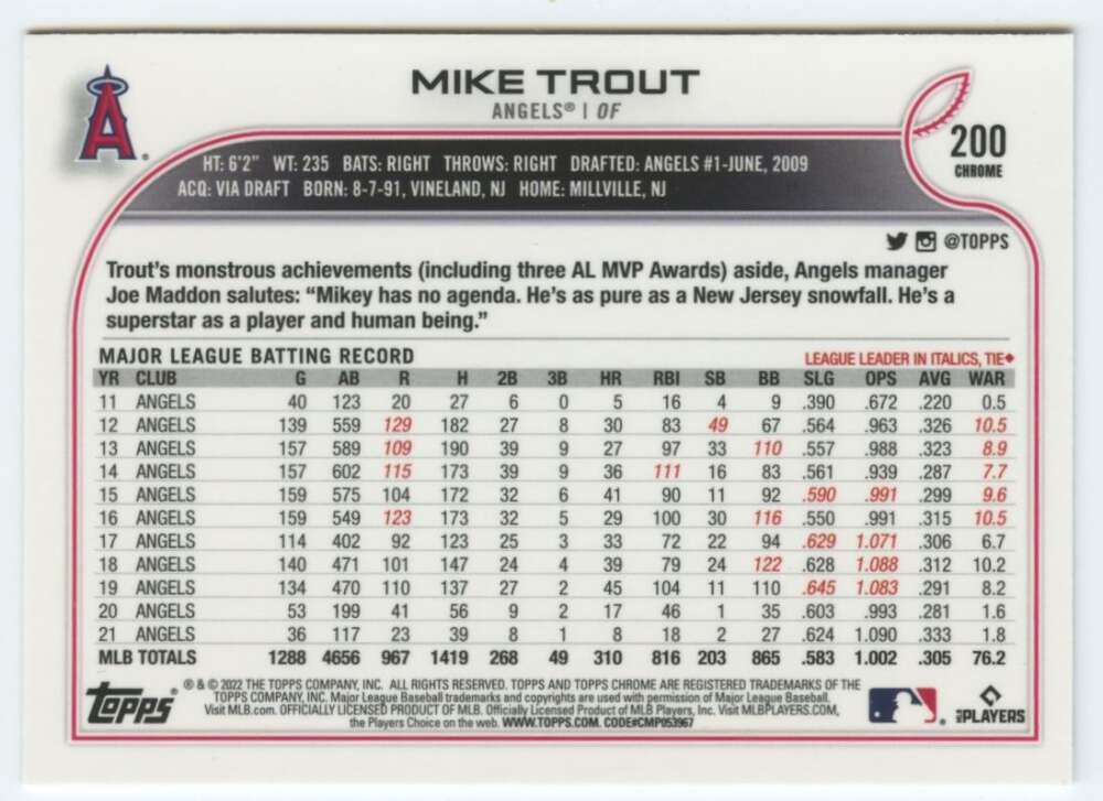 2022 Topps Chrome #200 MIKE TROUT Los Angeles Angels Baseball