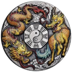 2022 DE Modern Commemorative PowerCoin Dragon And Qilin 2 Oz Silver Coin 2$ Tuvalu 2022 Antique Finish