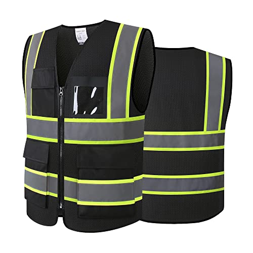 ASIPHITU Reflective High Visibility Safety Vest for Men Women Security with Pockets Zipper Front for Work Vest with Reflective Strips Meets ANSI/ISEA Standards(H-Black-L)