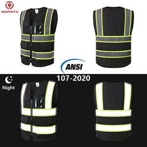 ASIPHITU Reflective High Visibility Safety Vest for Men Women Security with Pockets Zipper Front for Work Vest with Reflective Strips Meets ANSI/ISEA Standards(H-Black-L)