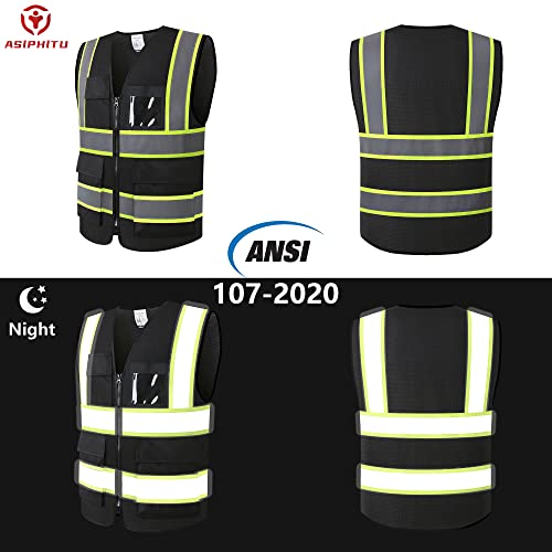 ASIPHITU Reflective High Visibility Safety Vest for Men Women Security with Pockets Zipper Front for Work Vest with Reflective Strips Meets ANSI/ISEA Standards(H-Black-L)