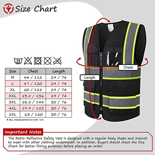 ASIPHITU Reflective High Visibility Safety Vest for Men Women Security with Pockets Zipper Front for Work Vest with Reflective Strips Meets ANSI/ISEA Standards(H-Black-L)